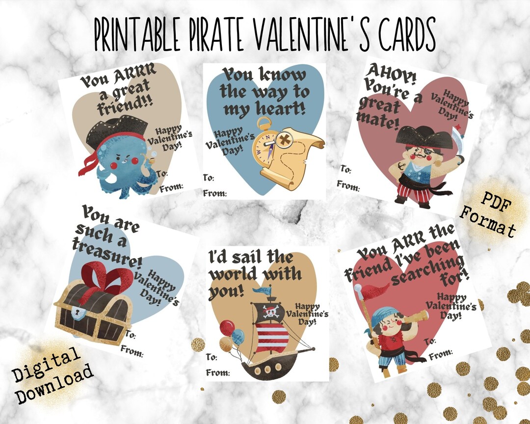 Printable Kids' Pirate Valentine’s Cards, Digital Download Cards for ...