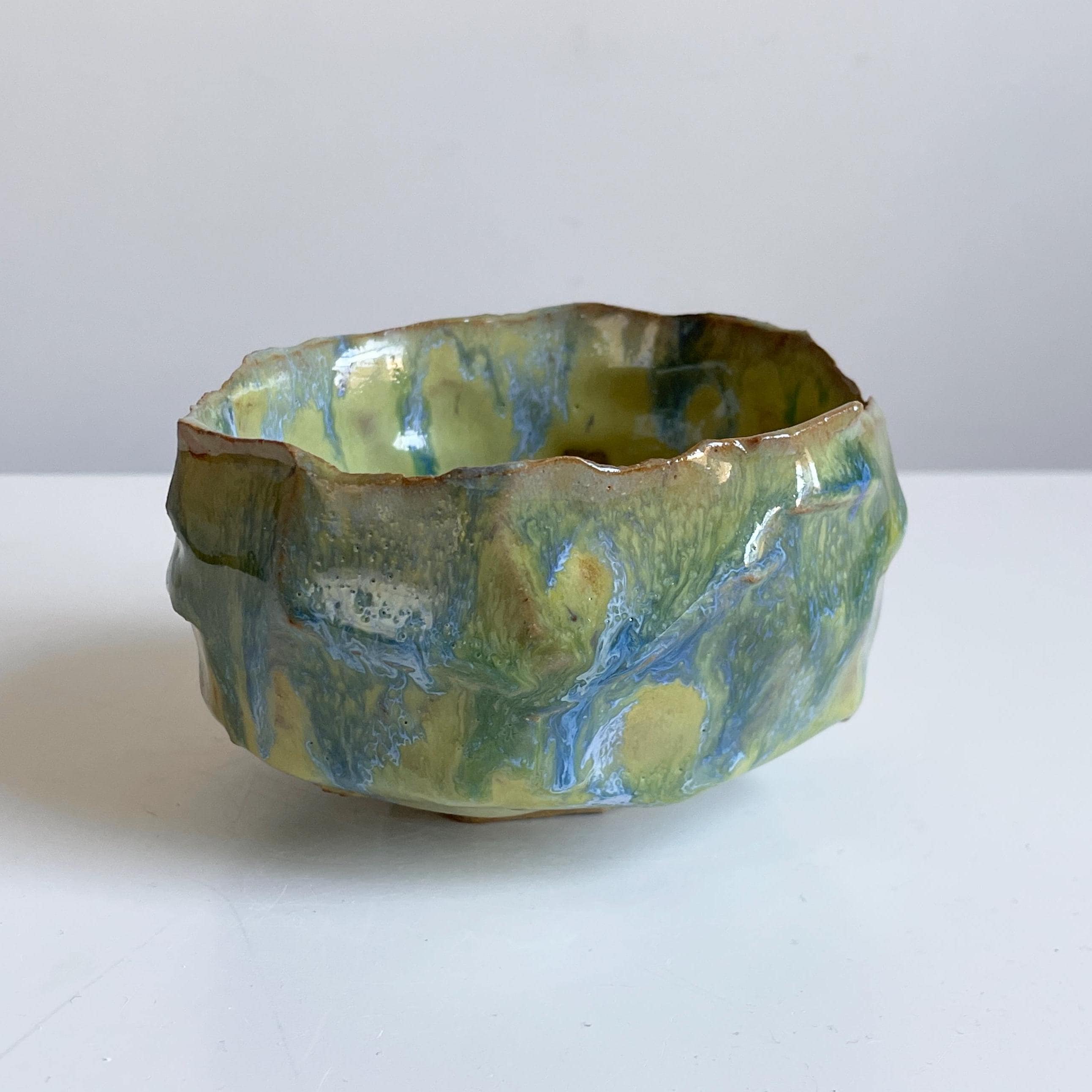 Kurinuki Handbuilt Chawan Tea Cup Bowl / Chatreuse Blue Tones / 5 X 3 ...