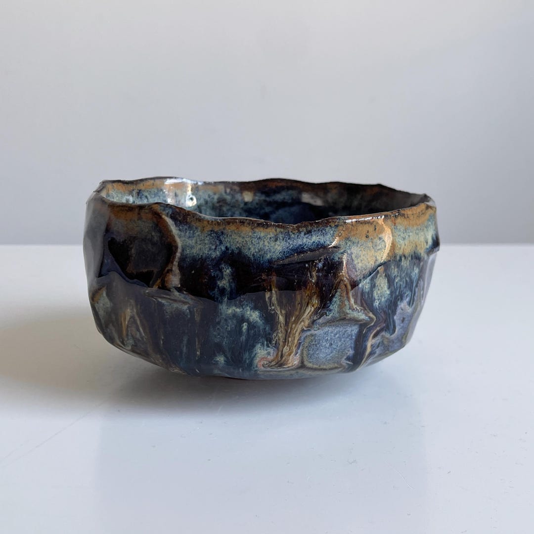 Kurinuki Handbuilt Chawan Tea Cup Bowl / Brown and Blue Tones / 5 X 2. ...