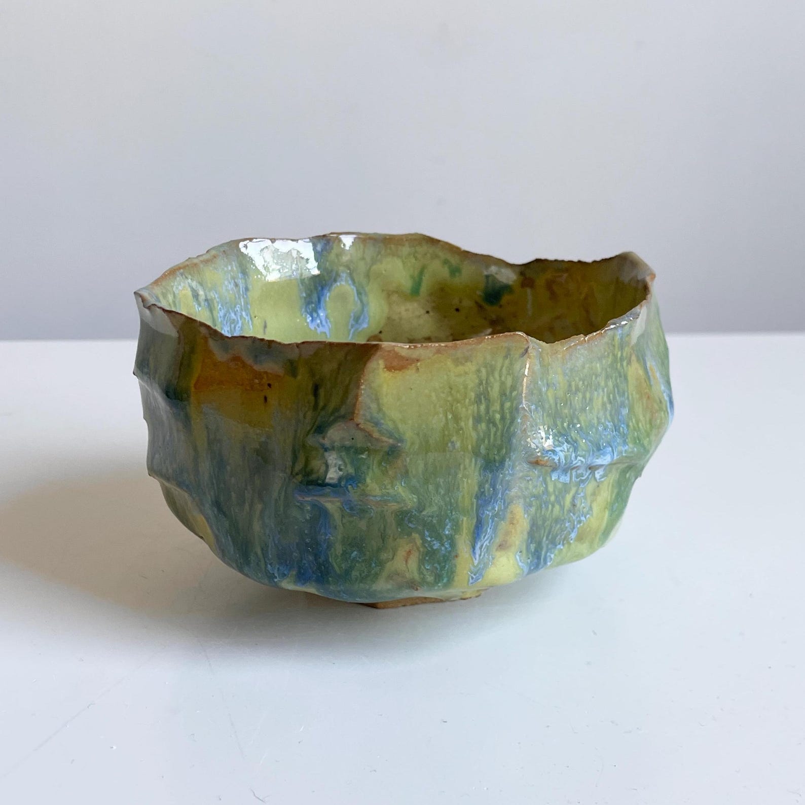 Kurinuki Handbuilt Chawan Tea Cup Bowl / Chatreuse Blue Tones / 5 X 3 ...