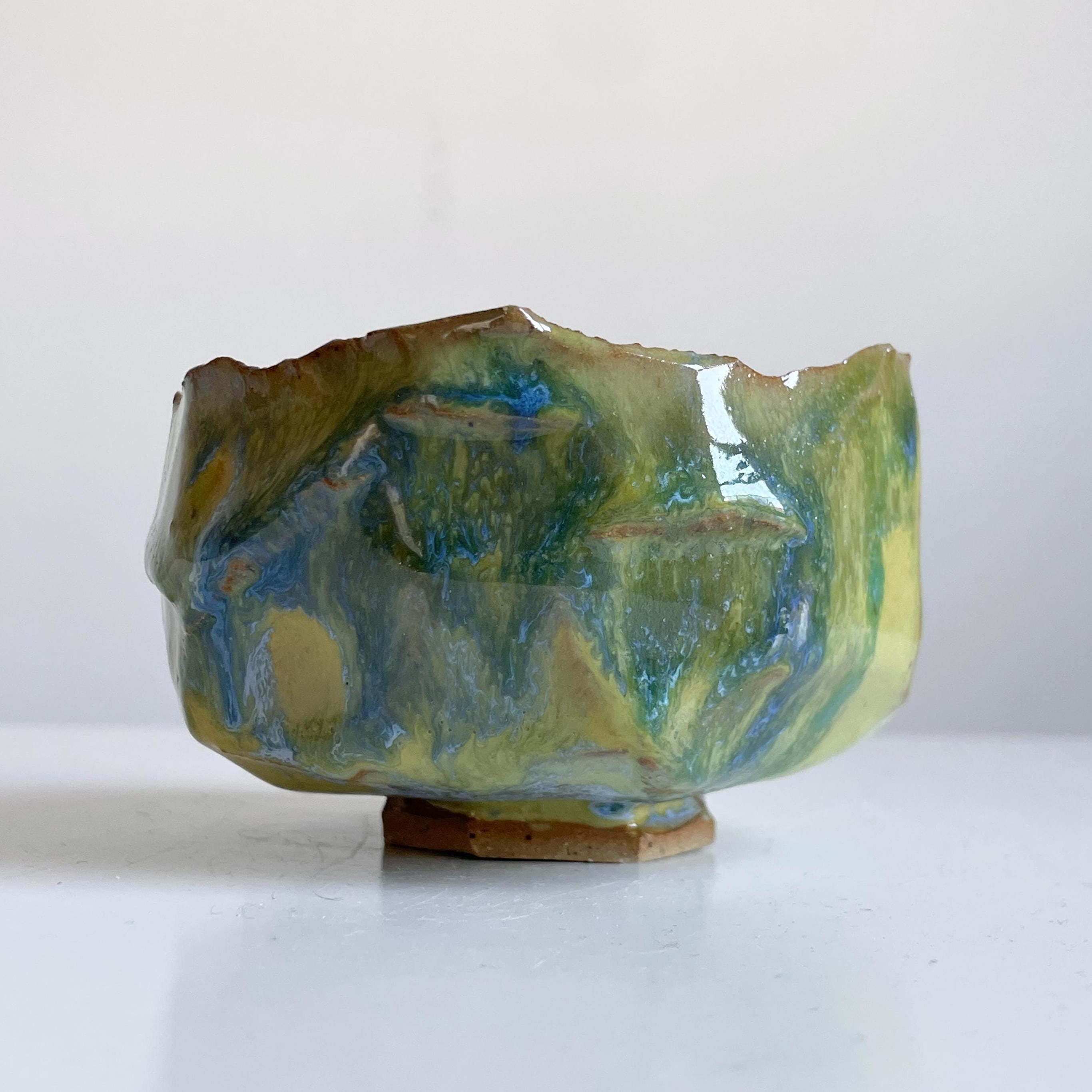 Kurinuki Handbuilt Chawan Tea Cup Bowl / Chatreuse Blue Tones / 5 X 3 ...