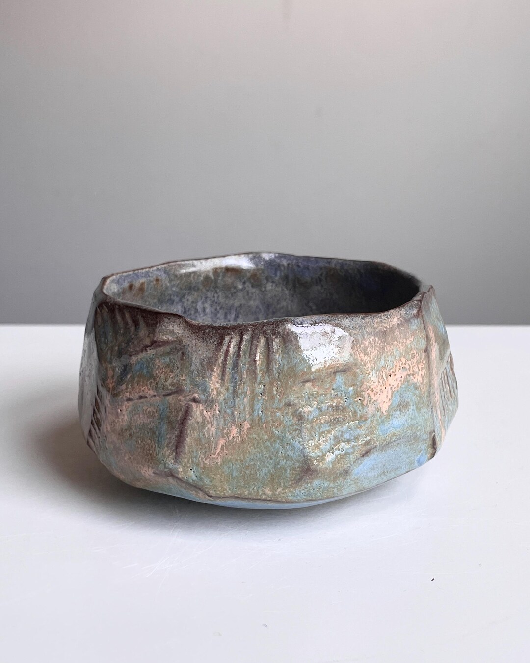 Teal Turquoise Peach Tone Kurinuki Chawan / Matcha Tea Bowl / 4" X 2.7 ...