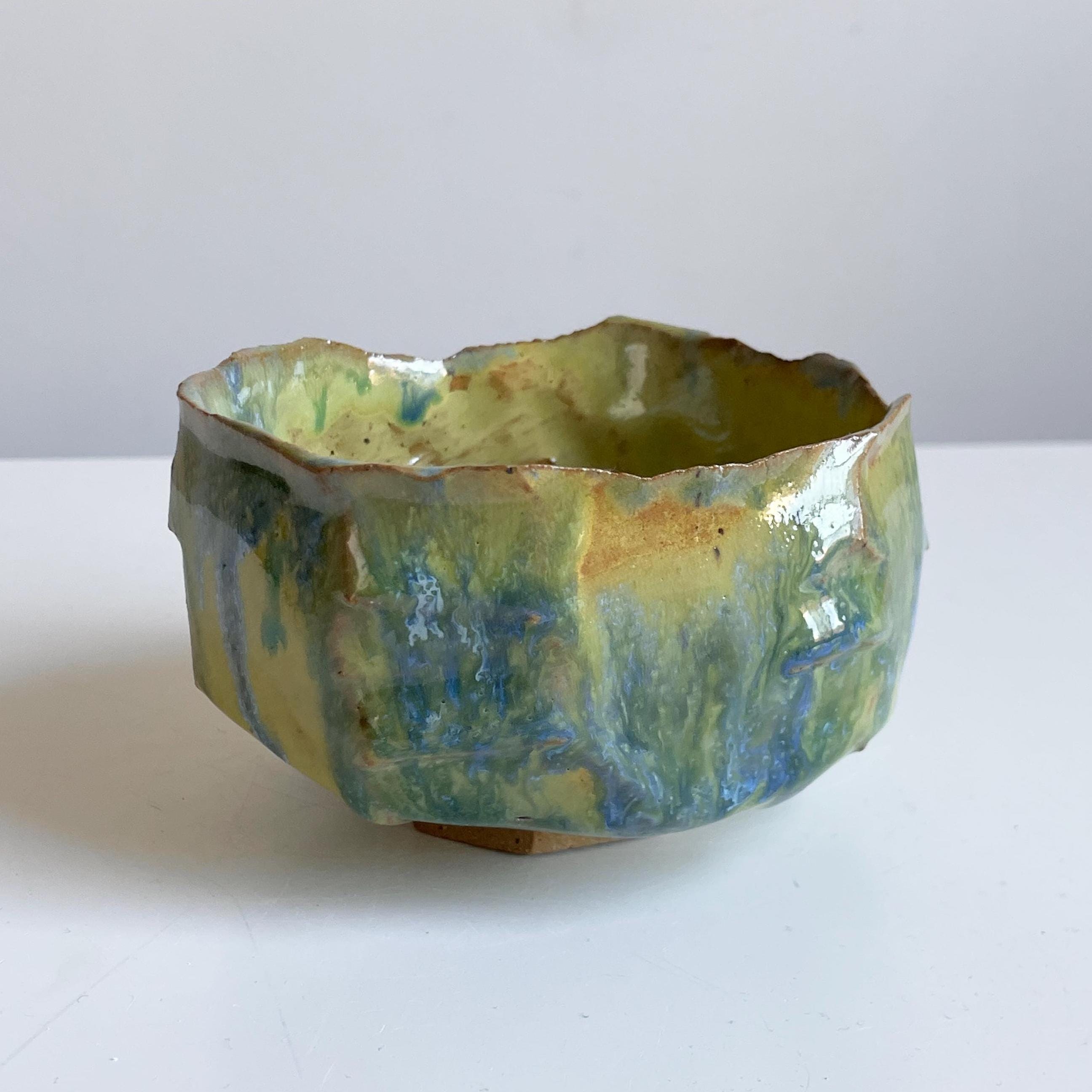 Kurinuki Handbuilt Chawan Tea Cup Bowl / Chatreuse Blue Tones / 5 X 3 ...