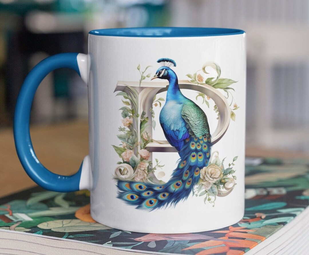 Alphabet Mug, Peacock Coffee Mug, Letter Mug, Gift for Her, Letter P ...