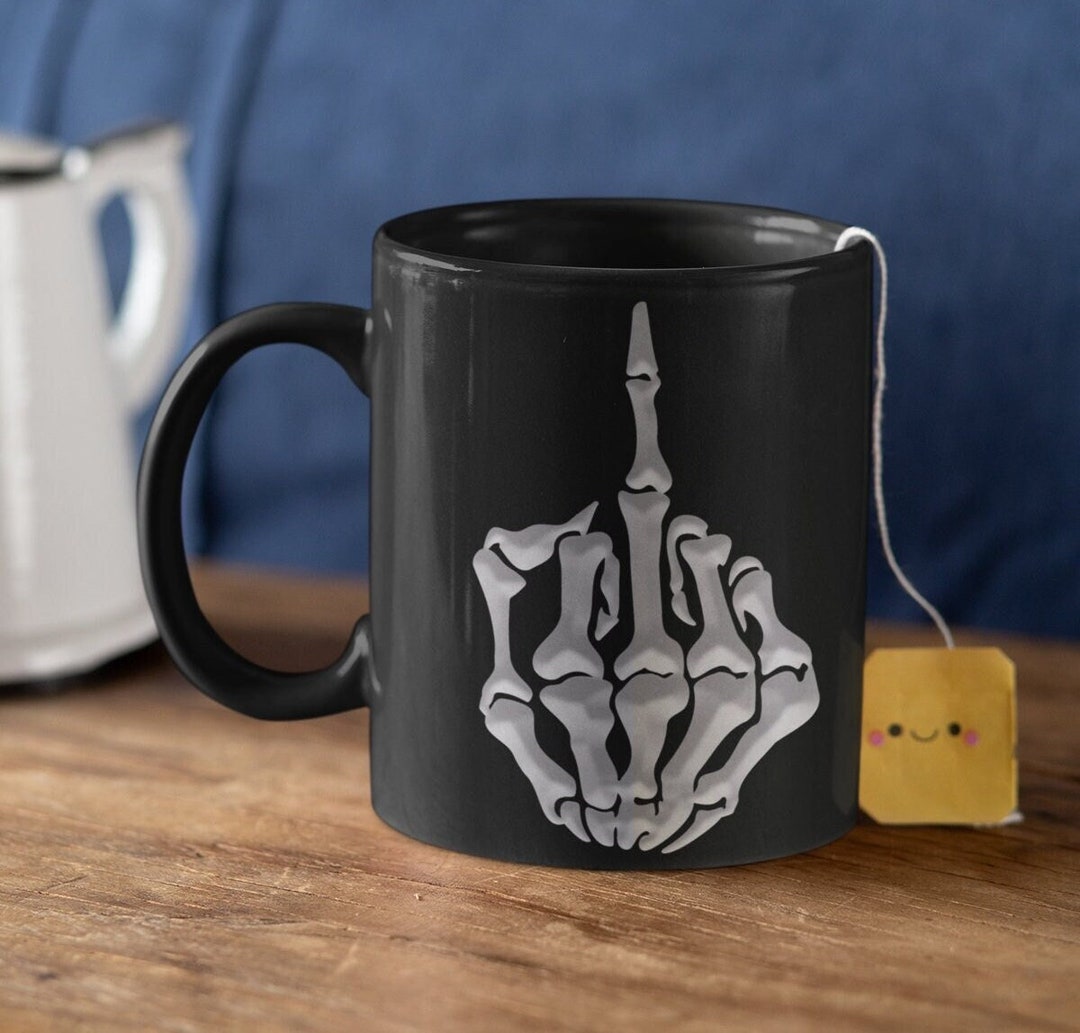 Skeleton Middle Finger Mug, Funny Mugs, Black Skeleton Coffee Mug, Gift ...