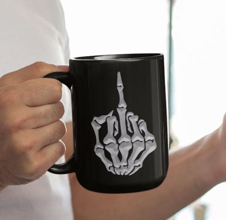 Skeleton Middle Finger Mug, Funny Mugs, Black Skeleton Coffee Mug, Gift ...