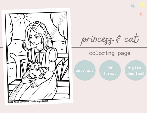 Princess & Cat Coloring Page Digital Download Fun to Print - Etsy
