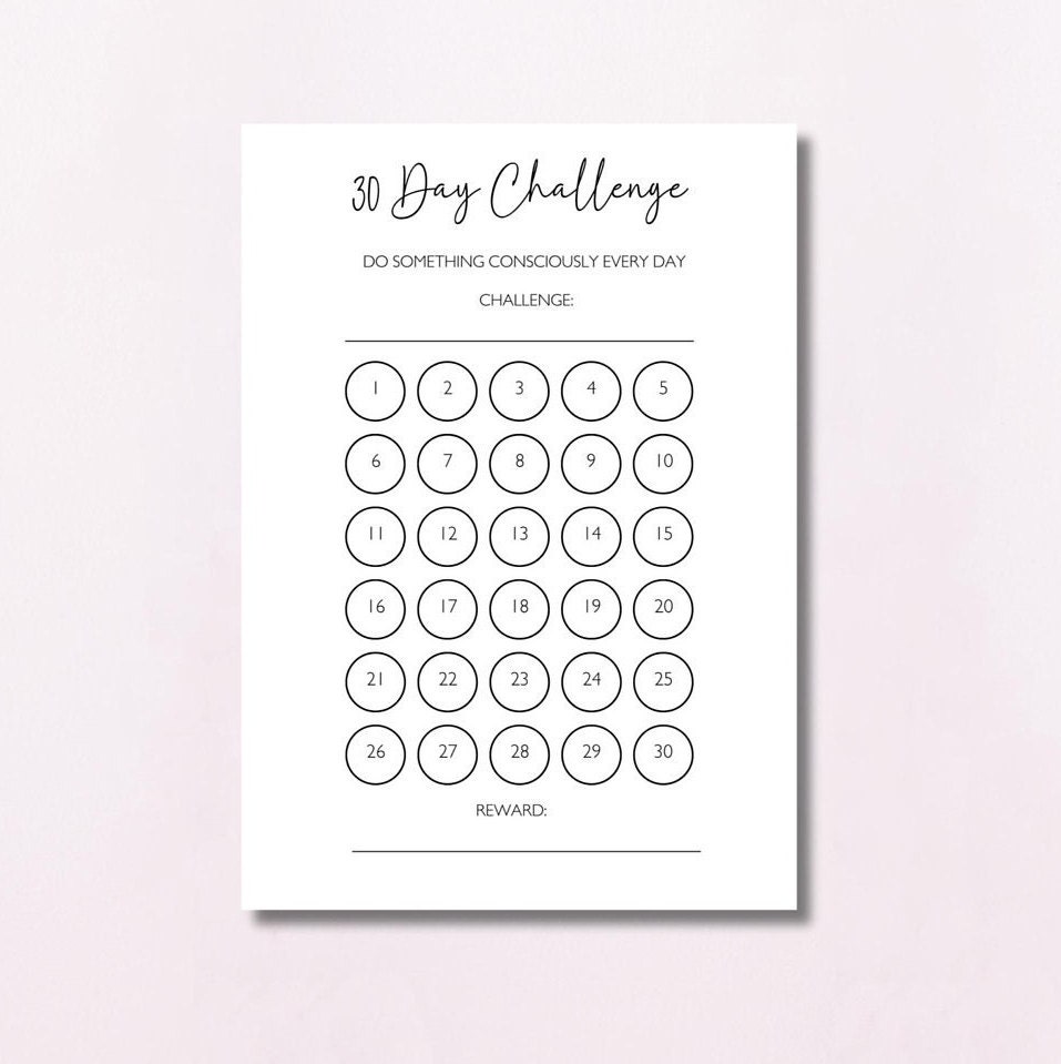 Printable 30 Day Challenge Chart, Black and White, Digital 30 Day Habit ...