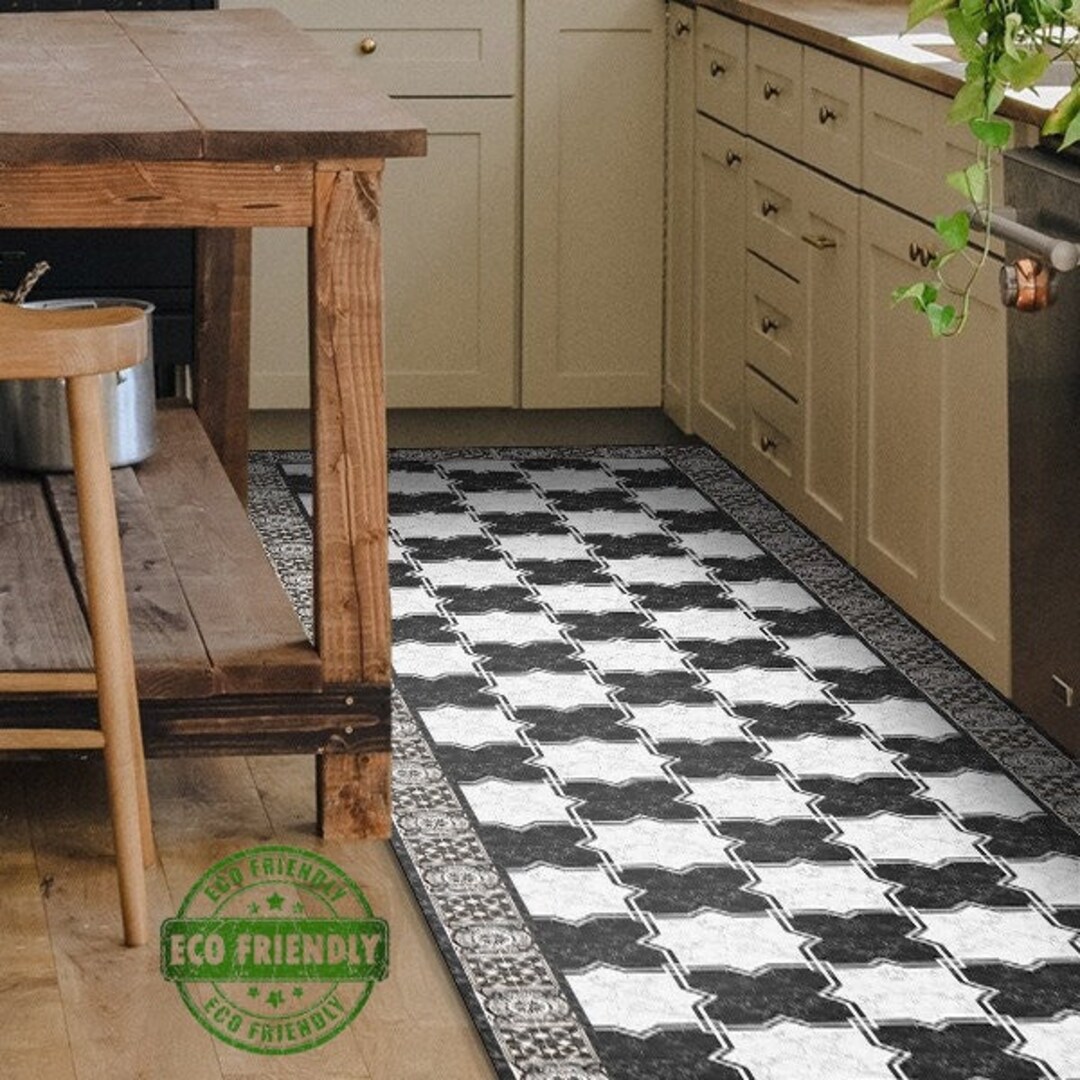 Checkerboard Vinyl Runner Rug in Black and White Marble Tile - Etsy