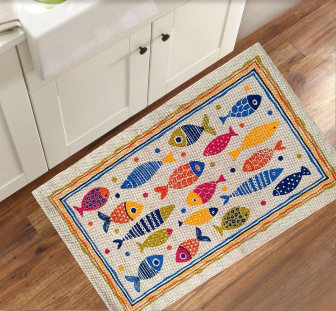 Cotton Runner Rug, Blue Fish Nautical Decor Beach House Bath Mat Rug ...