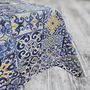 Italian Cotton Tablecloth – Blue Majolica Tile Print – Amalfi Coast ...