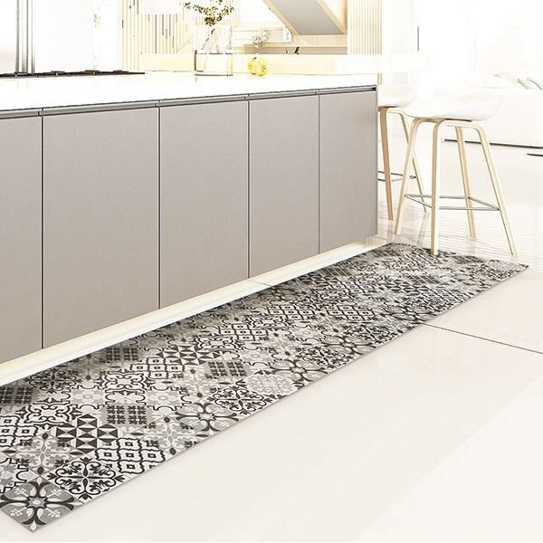 Black Vinyl Rug Runner, Kitchen Floor Mat, Hallway, Bathroom, Dining ...