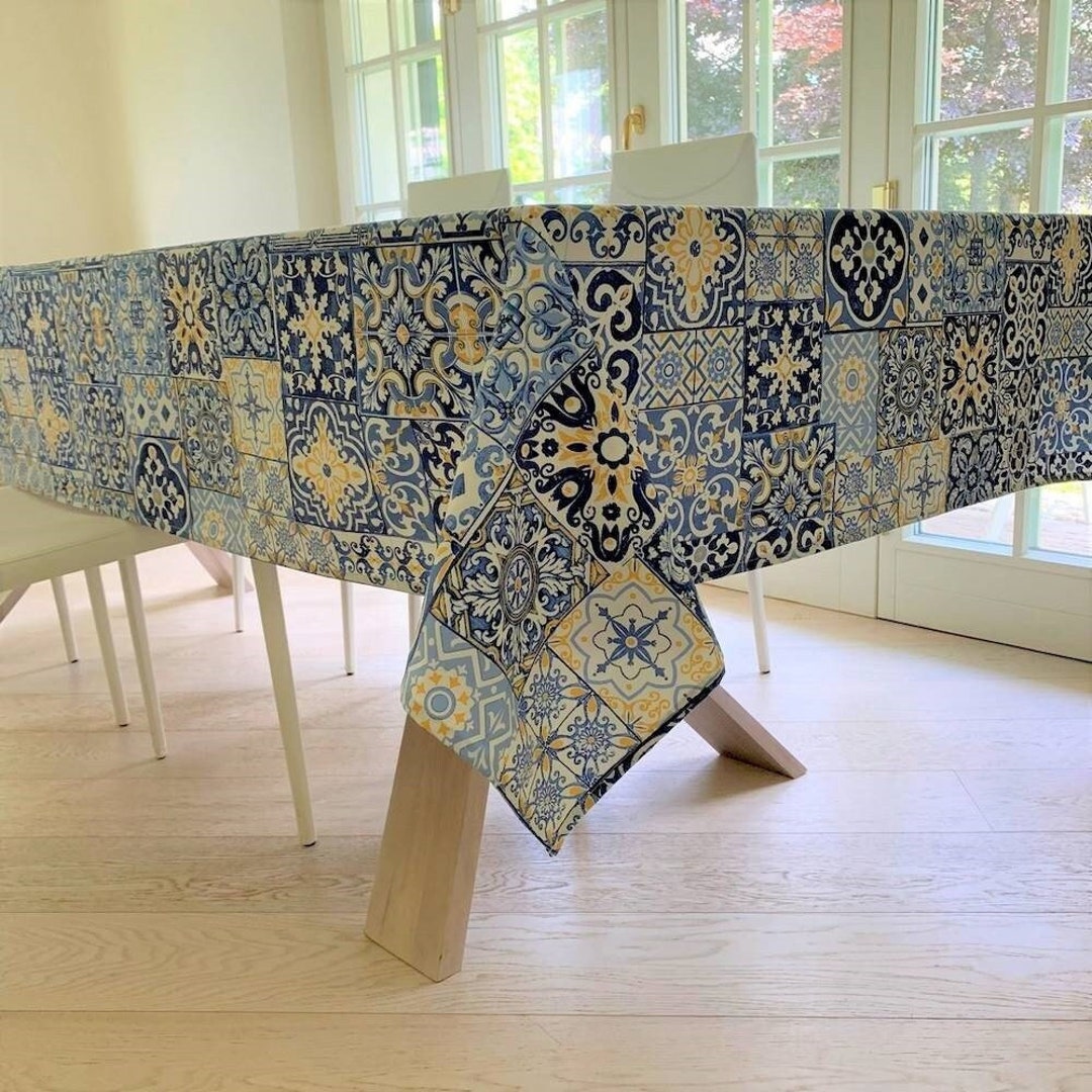 Italian Cotton Tablecloth – Blue Majolica Tile Print – Amalfi Coast ...
