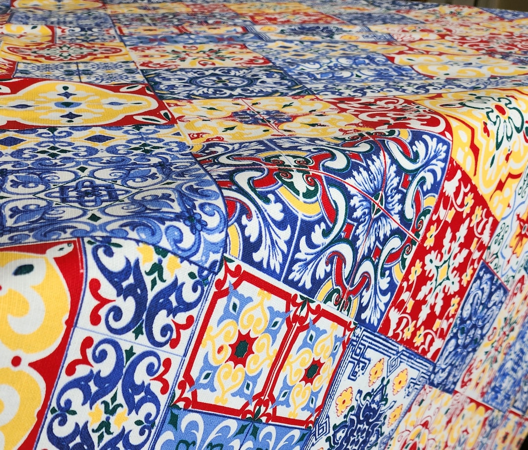 Sicilian Majolica Tablecloth: Blue Tile Cotton Table Decor - Etsy