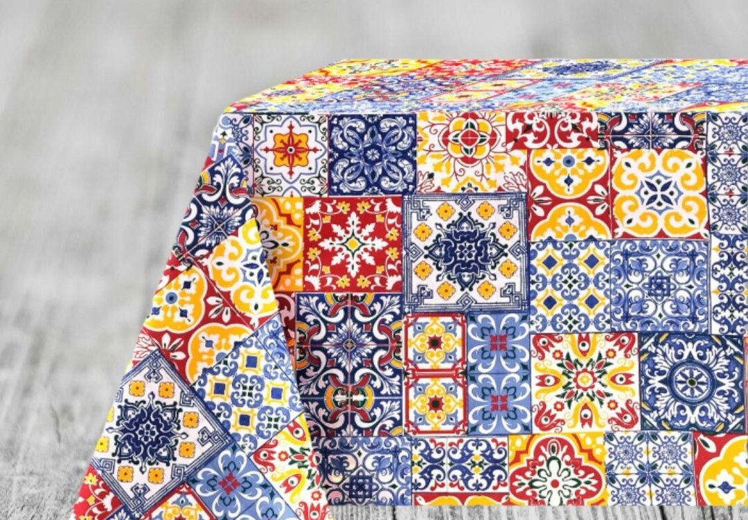 Sicilian Tile Tablecloth: Waterproof Mediterranean Mosaic, Coated ...