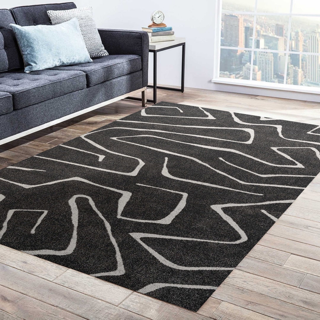 Black Mid Century Modern Abstract Area Rug, Bedroom Rug, Contemporary ...