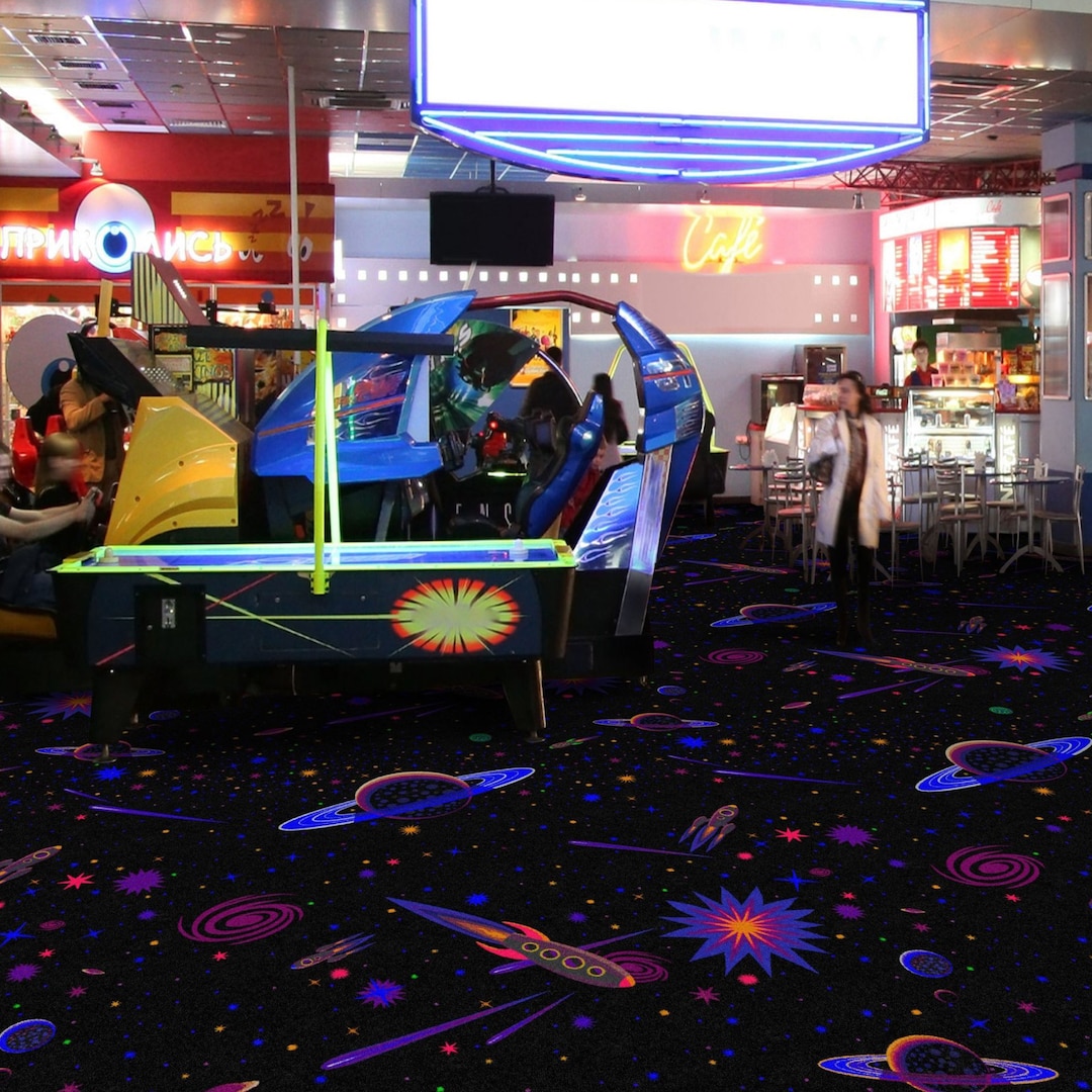 Arcade Rocketship Bowling Alley Carpet, 80s Style Video Game Area Rug ...