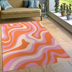 Orange Pink Wavy Retro Area Rug, 70s Rug, Wavy Trippy Rug, Psychedelic ...