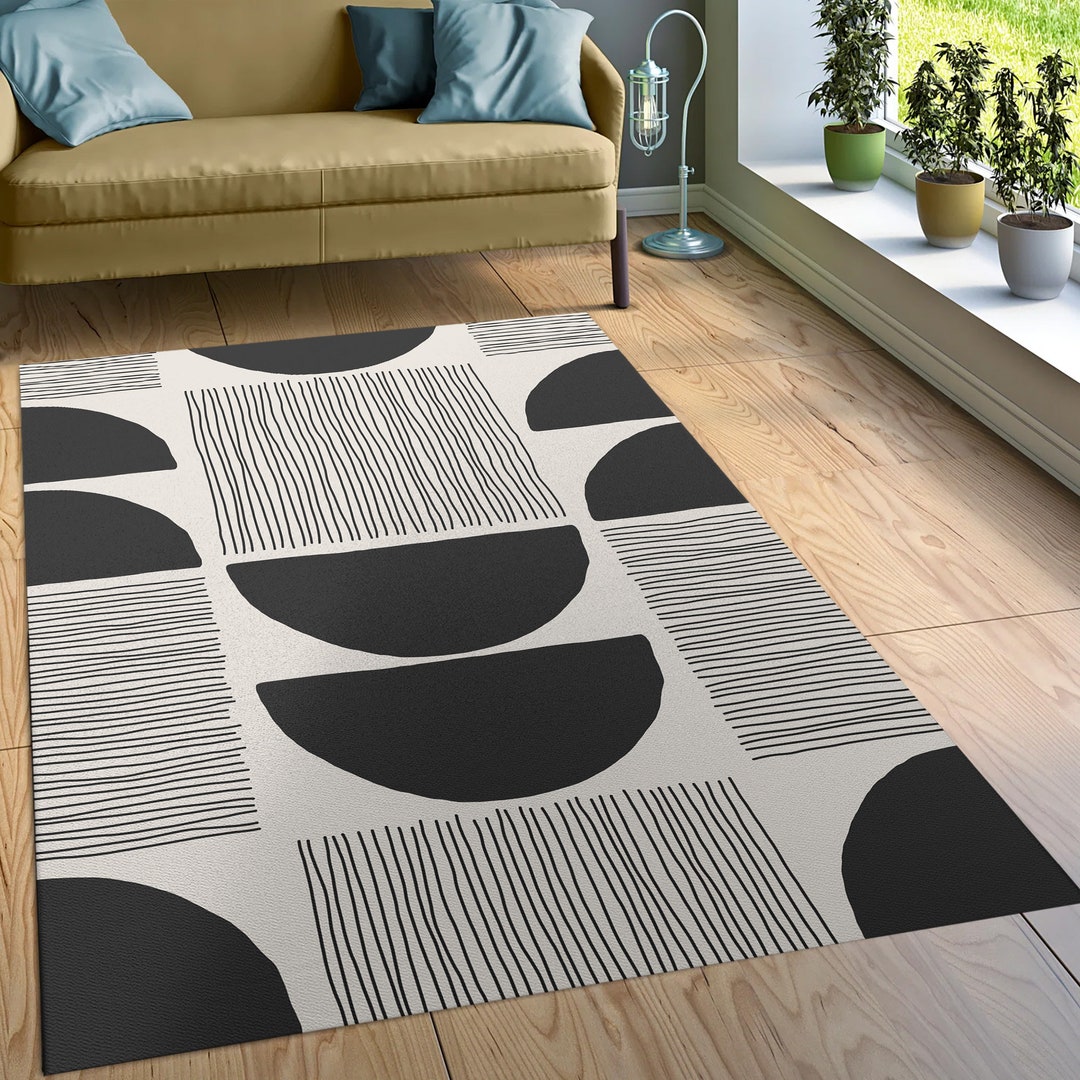 Black and Beige Mid Century Modern Rug, Scandinavian Style, Living Room ...