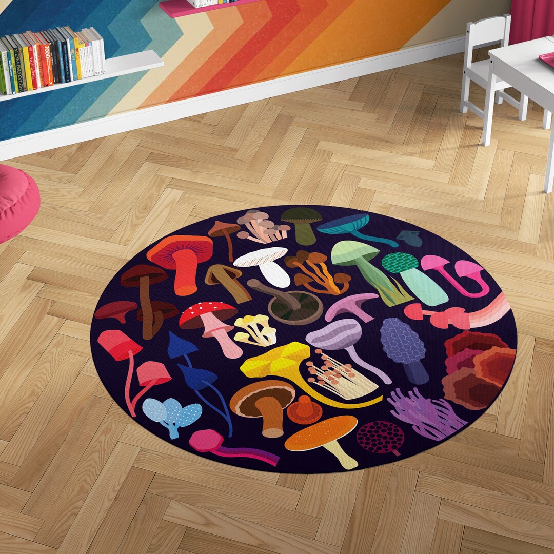 Colorful Mushroom Round Rug, Colorful Round Hippy Carpet for Bedroom ...