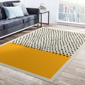 Yellow and Black Mid Century Modern Rug, Scandinavian Style, Living ...