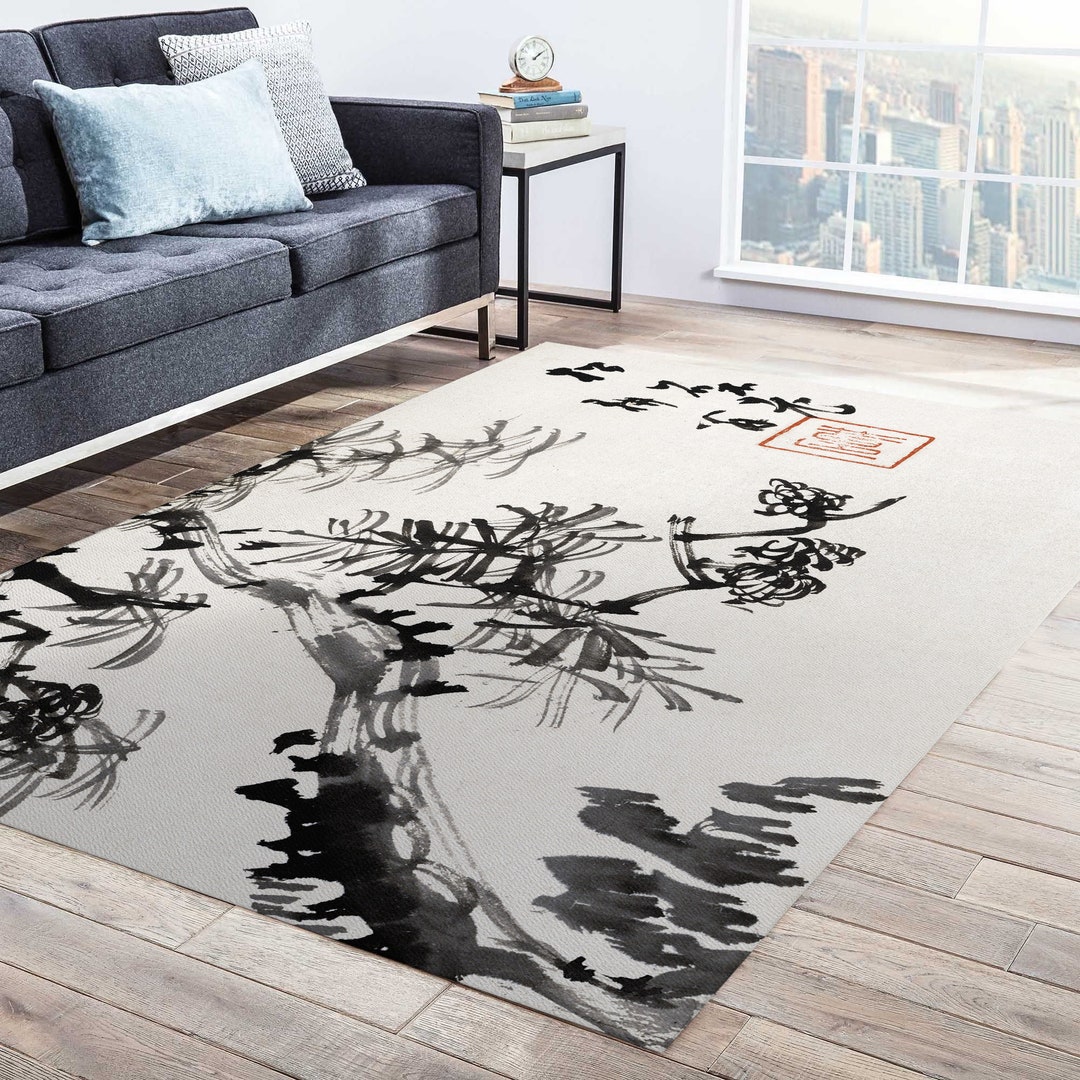 Japanese Pines Area Rug, Vintage Ink on Paper by Nakanishi Kōseki ...