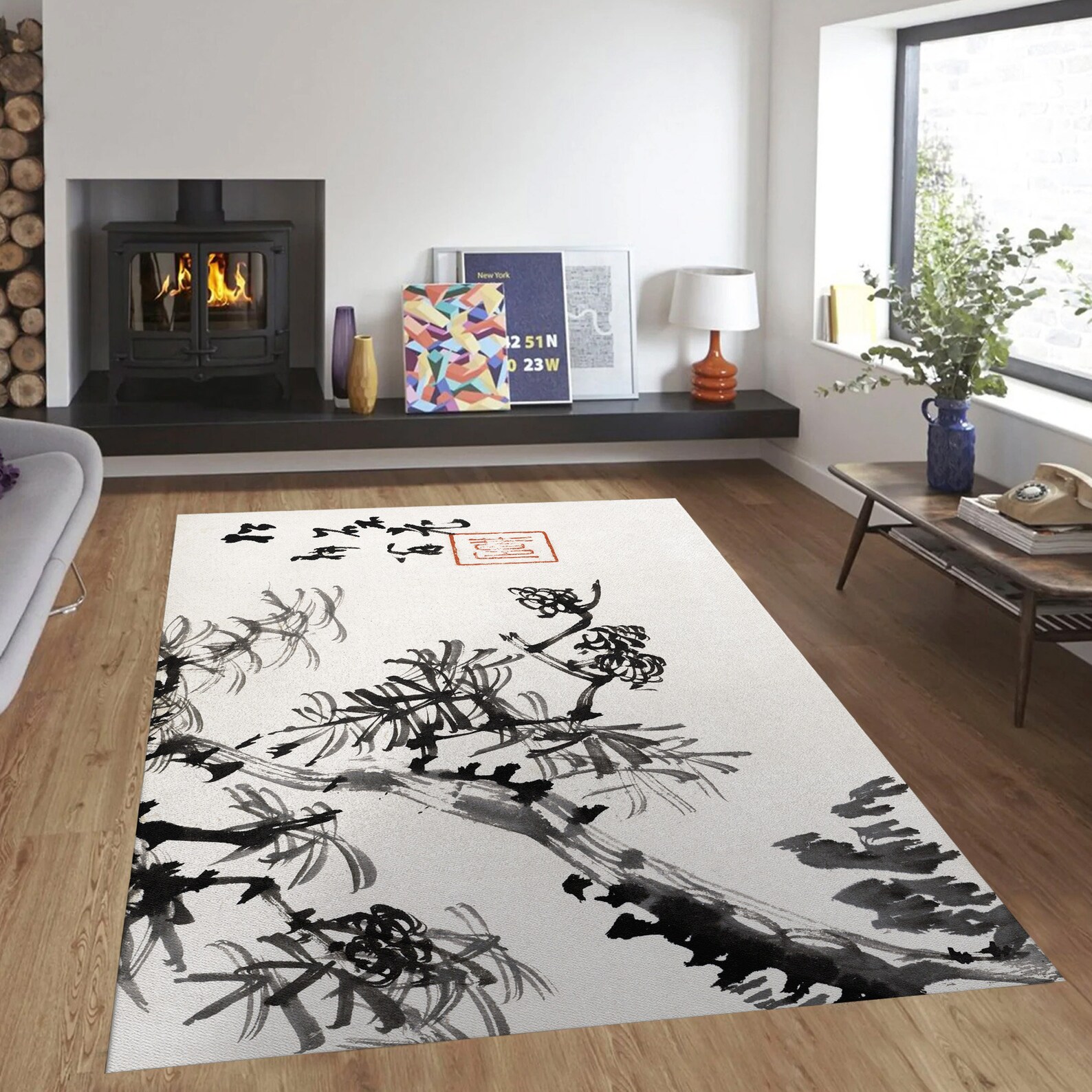 Japanese Pines Area Rug, Vintage Ink on Paper by Nakanishi Kōseki ...