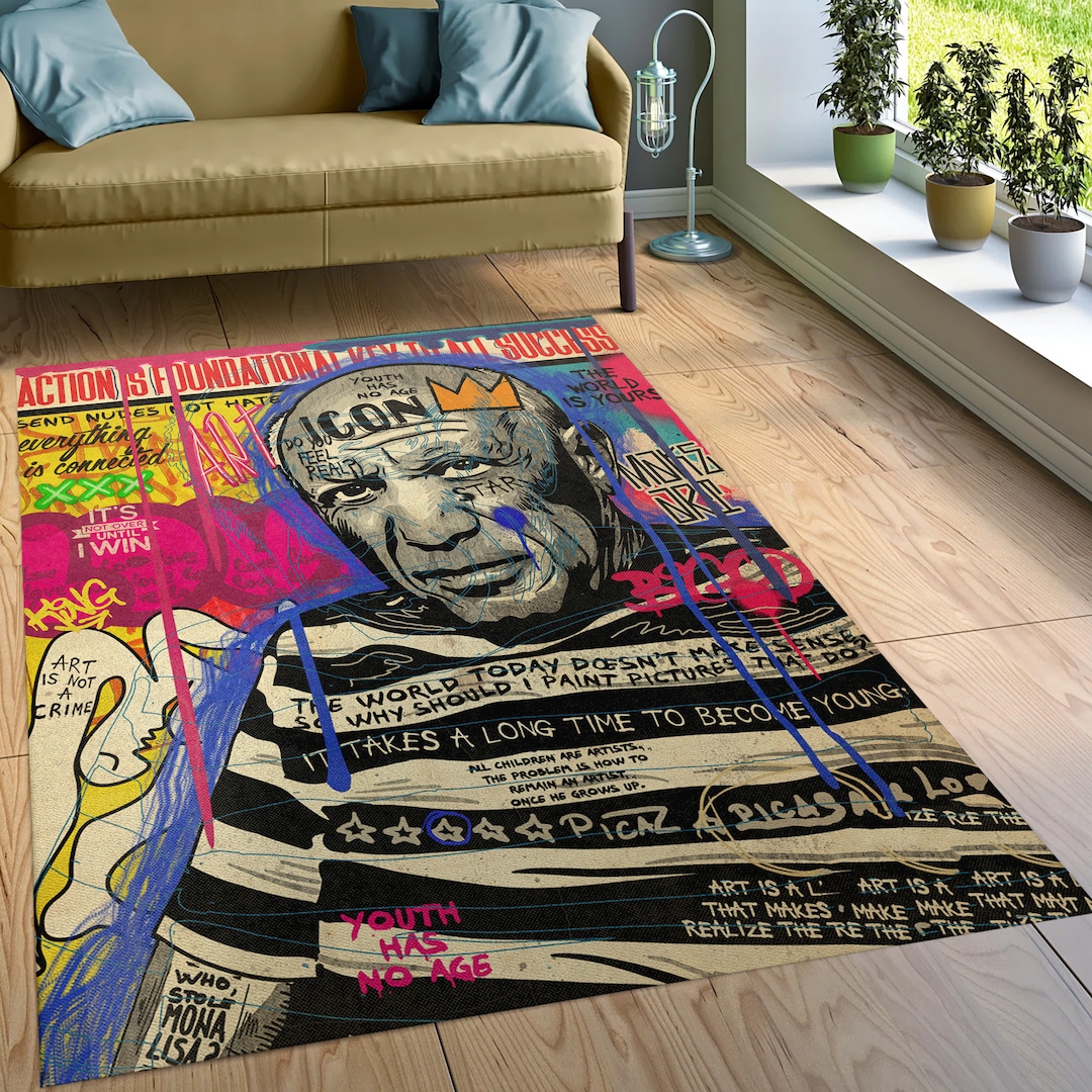 Picasso Colorful Graffiti Pop Art Rug, Unique Modern Portrait, Cool ...