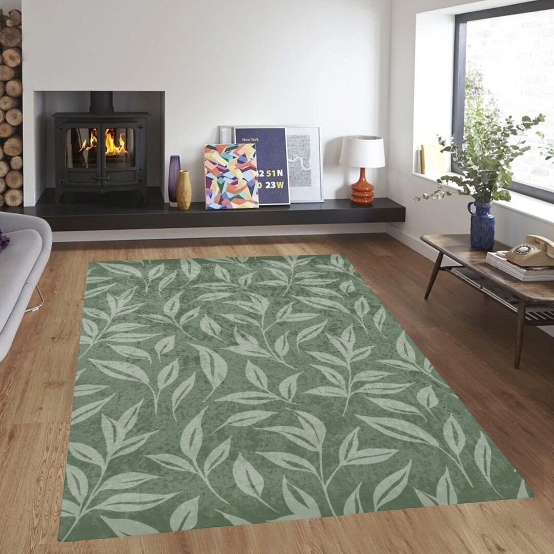 Modern Botanical Sage Green Area Rug, Boho Floral Pattern, Sage Green ...