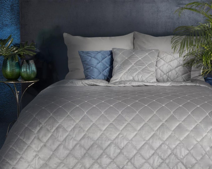 Silver Grey Velvet Bedspread, King Size Silver Bedspread, Silver ...