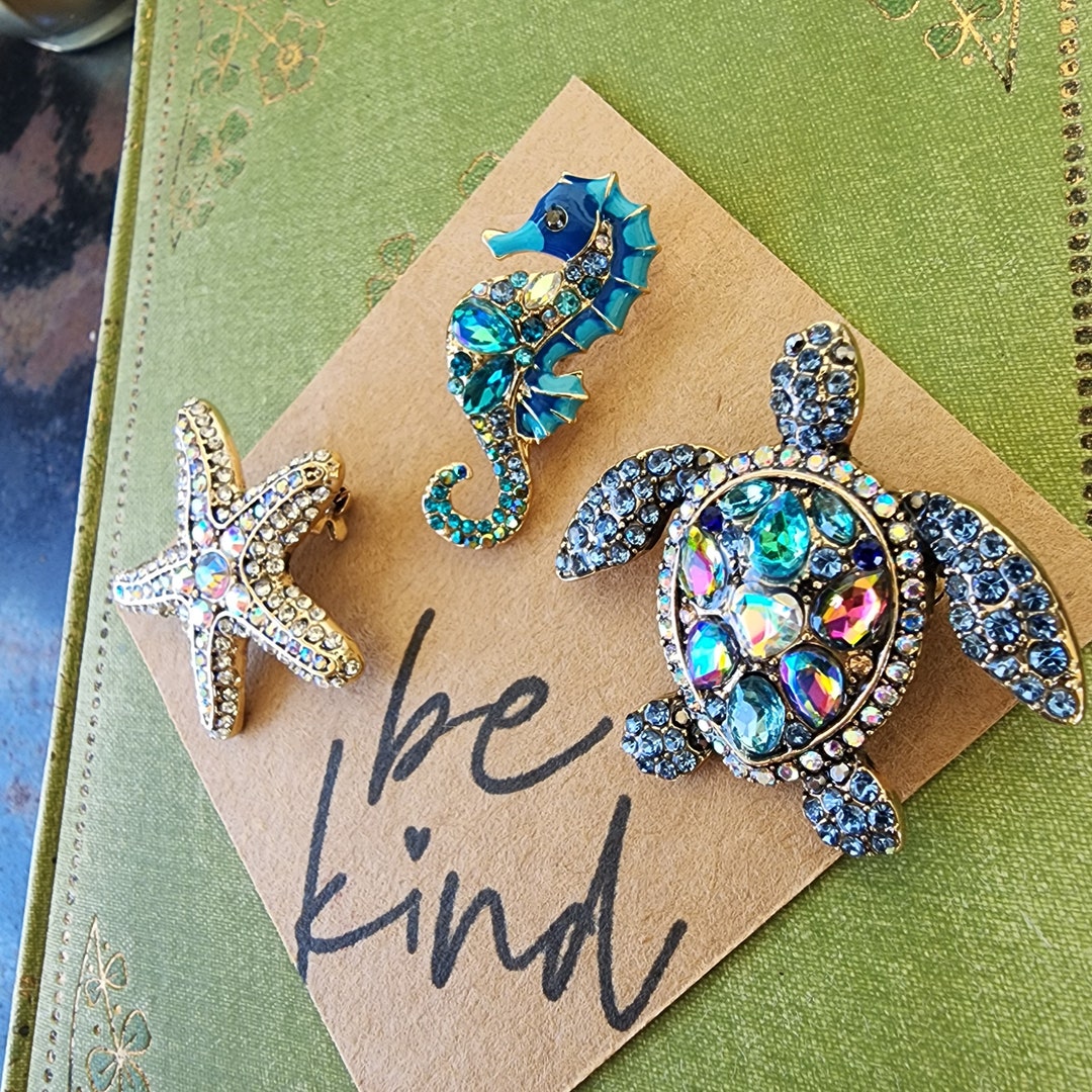 Brilliant Rhinestone Shimmering Sea Life Brooch Set Sea Turtle Brooch ...