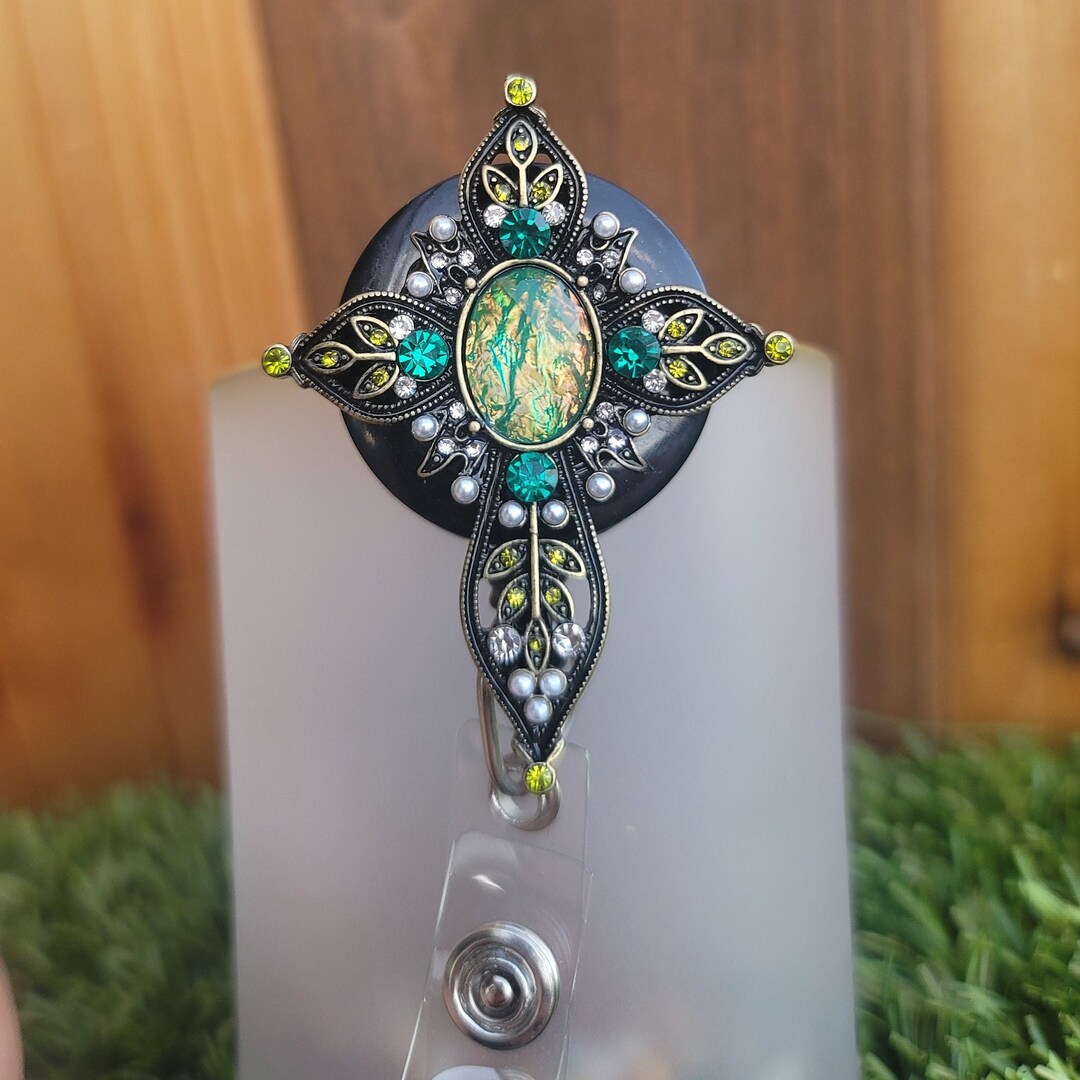 Green Cross Rhinestone Iridescent Reel Nurse Badge Reel, Christian ...