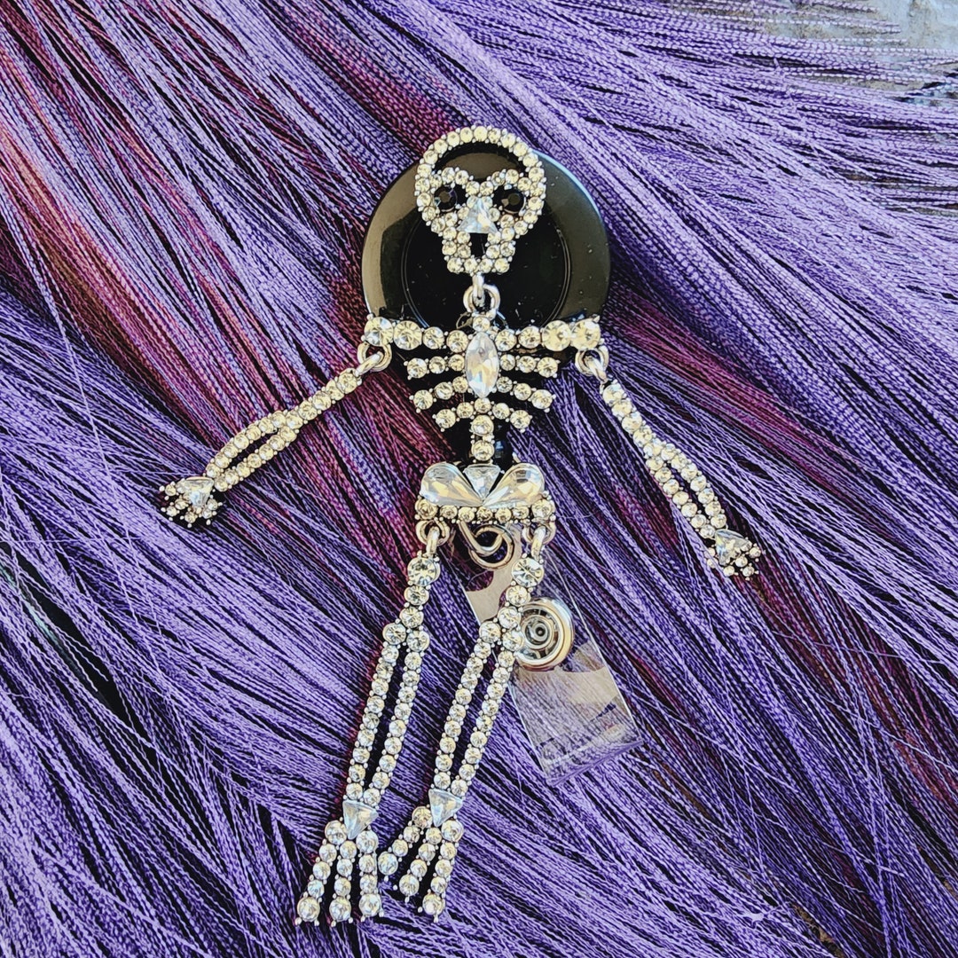 Skeleton Badge Reel Halloween Nurse ID Clip Rhinestone Unique Spooky ...