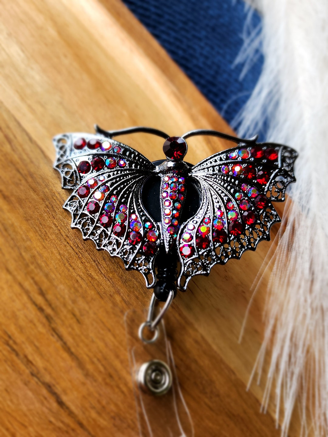 Butterfly Badge Reel Ruby Red Rhinestone ID Clip Bling Nurse Name Tag ...