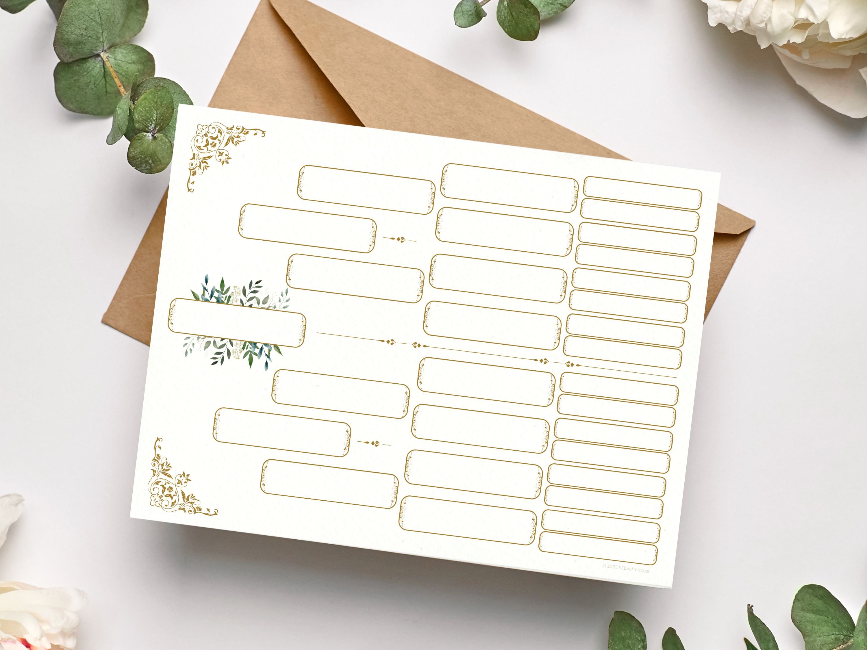 5 Generation Family Tree Template, Botanical Gold Family Tree Chart ...