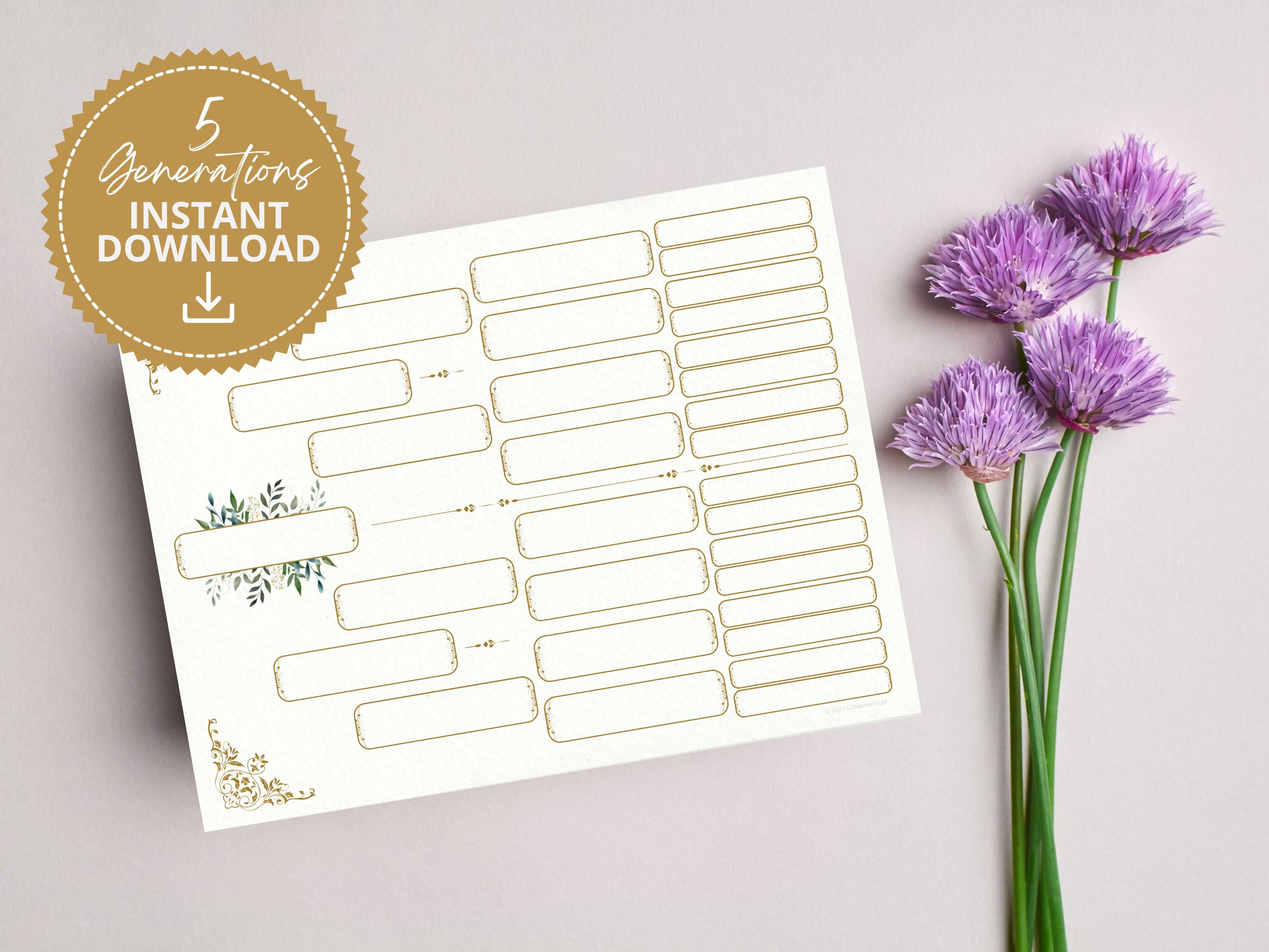 5 Generation Family Tree Template, Botanical Gold Family Tree Chart ...