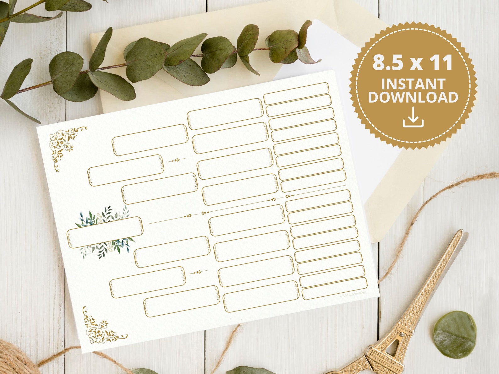 5 Generation Family Tree Template, Botanical Gold Family Tree Chart ...