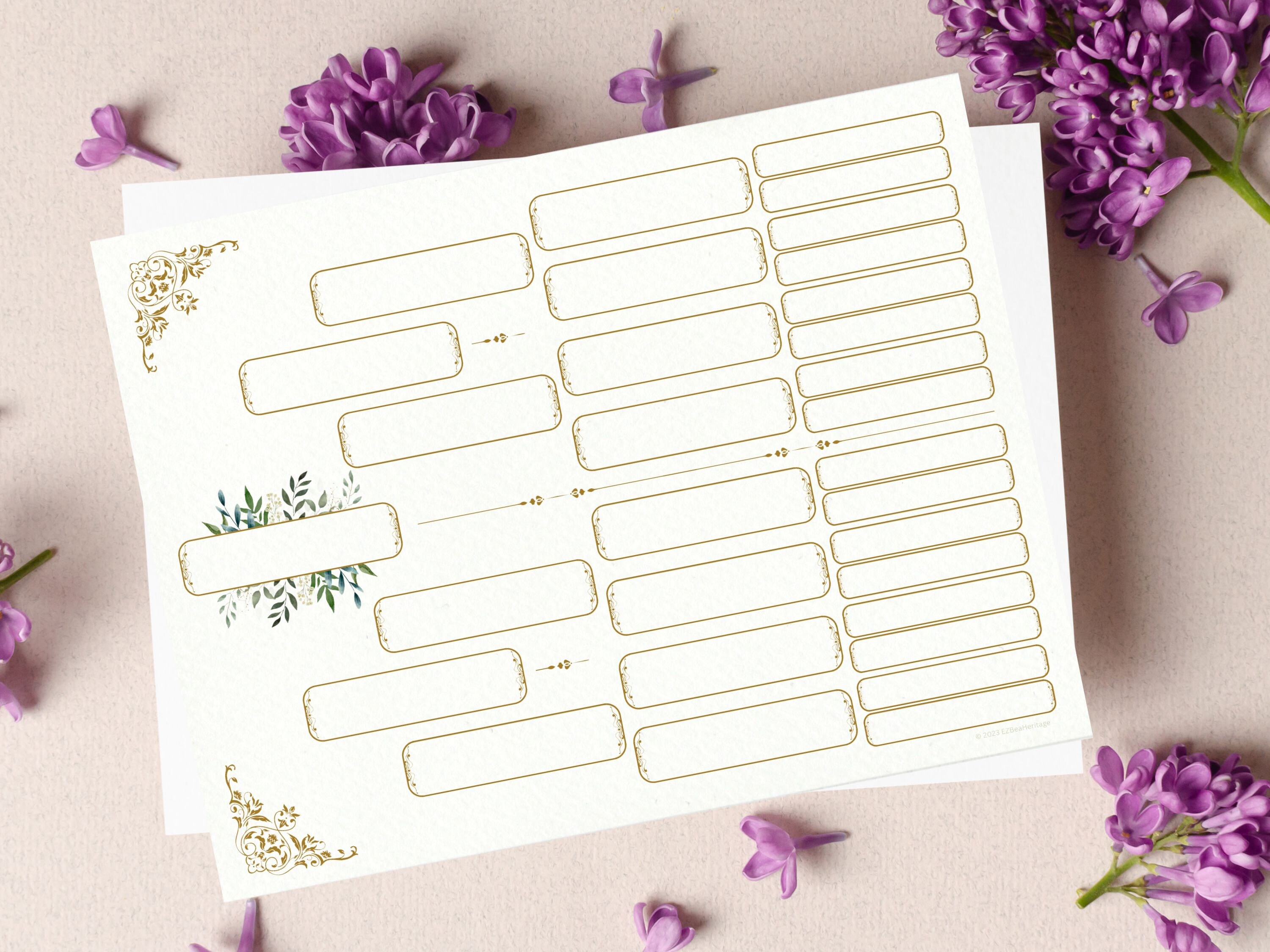 5 Generation Family Tree Template, Botanical Gold Family Tree Chart ...