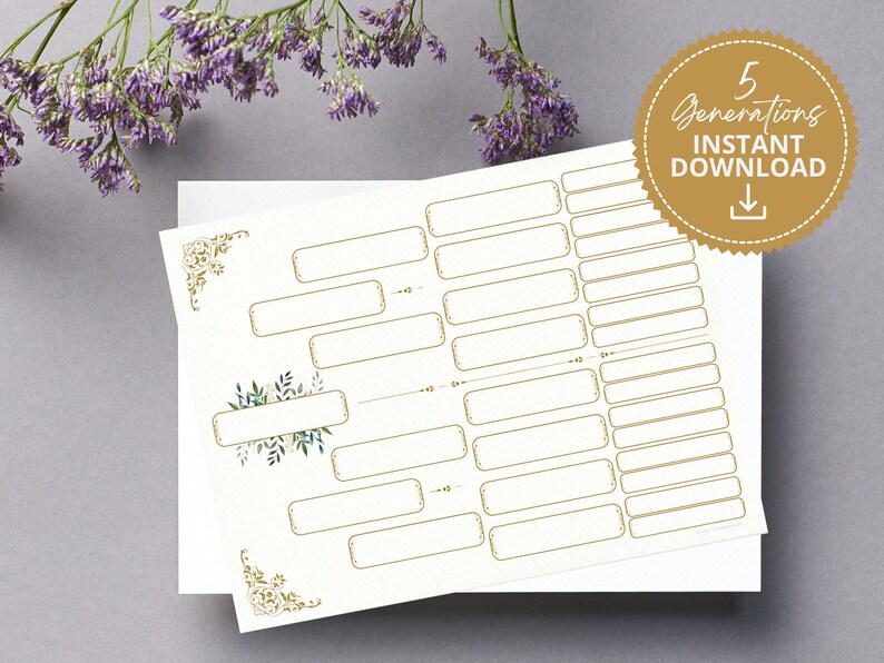 5 Generation Family Tree Template, Botanical Gold Family Tree Chart ...