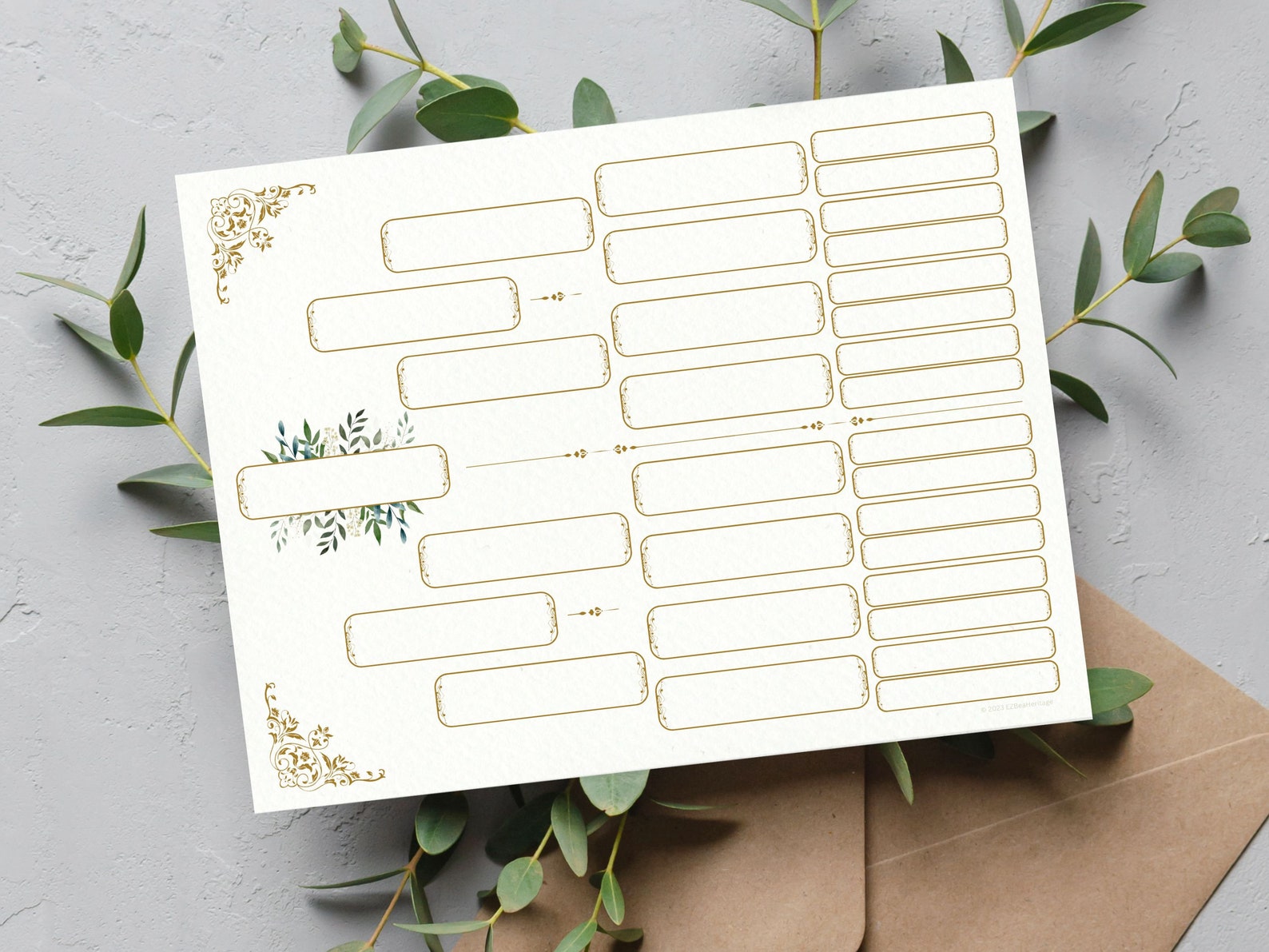 5 Generation Family Tree Template, Botanical Gold Family Tree Chart ...