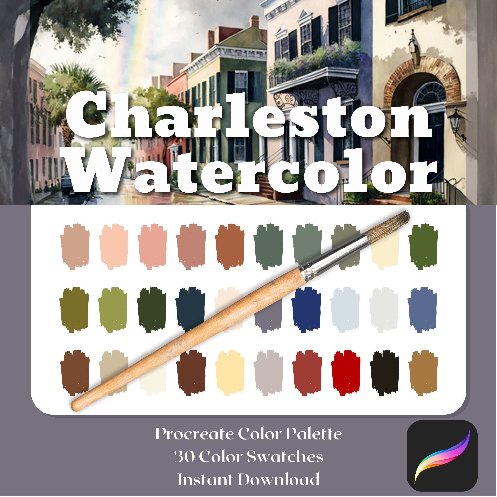 PROCREATE Color Palette CHARLESTON WATERCOLOR | 30 Color Swatches ...