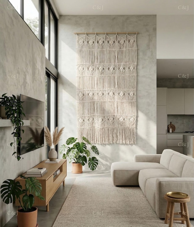 Large Macrame Wall Panel | Boho Cotton Doorway Curtain, Woven Textile ...