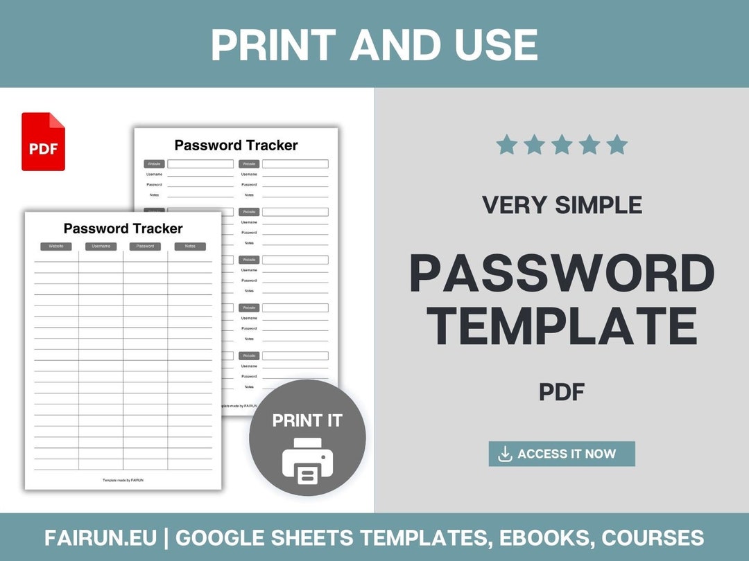 Password Template PDF - Quick Password Manager for Easy Account ...