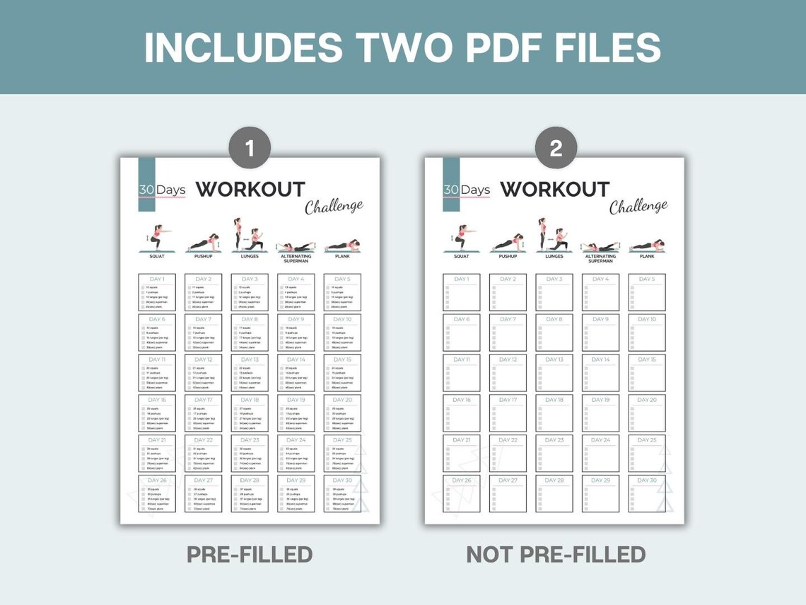 30 Day Workout Challenge for Women & Men | Daily Fitness Printable Workout Challenges | Home ...