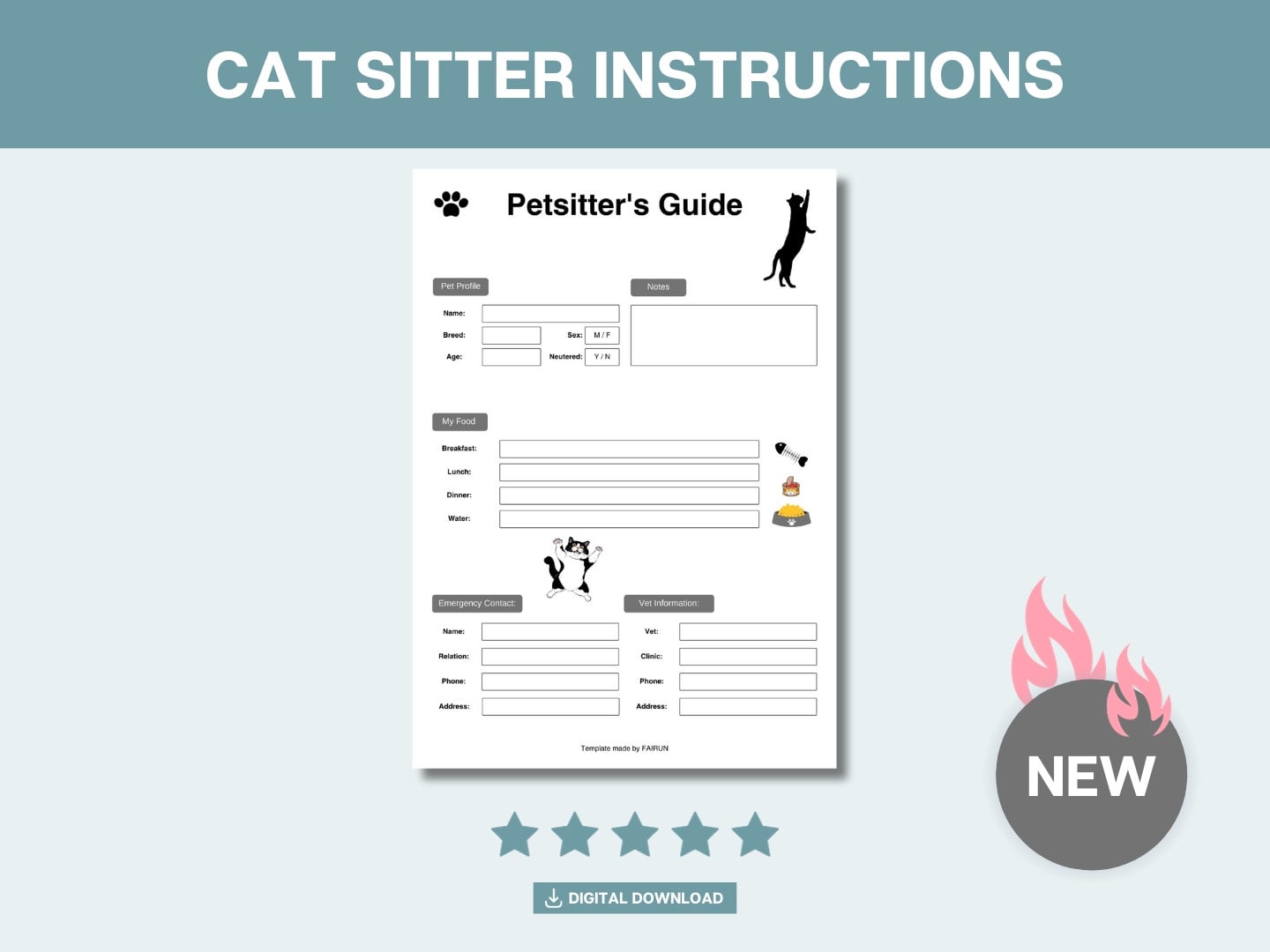 Cat Sitter Instructions Printable PDF: Pet Sitting Notes & Checklist ...