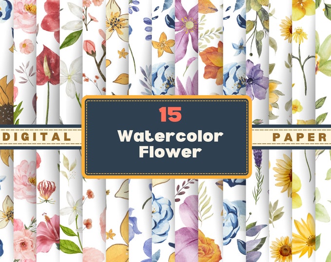 Watercolor Floral Digital Paper, Watercolor Paper Texture, Floral ...
