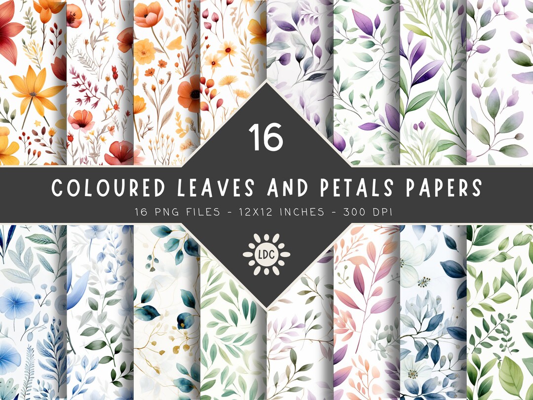 16 Coloured Leaves and Petals Digital Scrapbook Backgrounds DIY Crafts ...