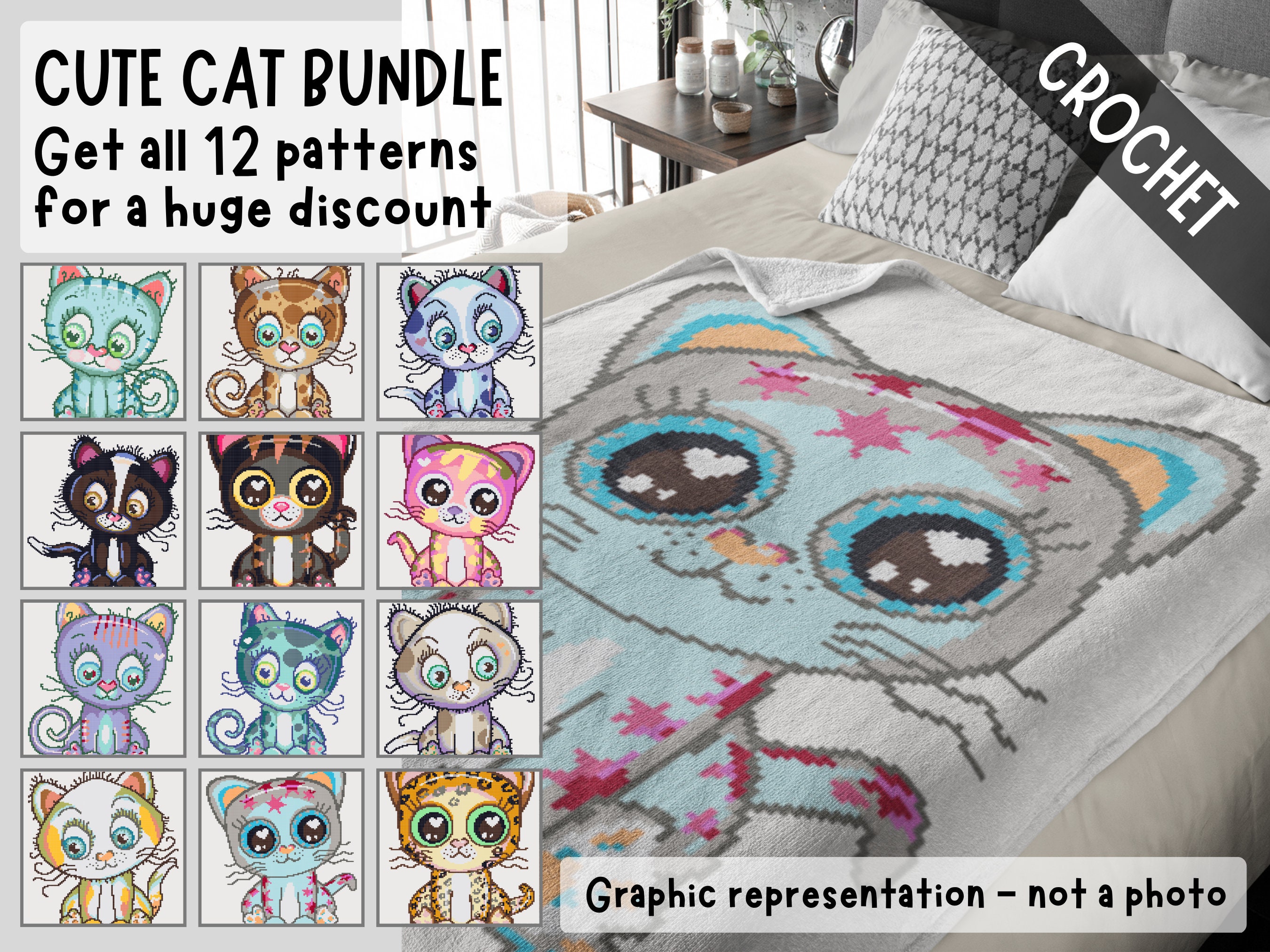 12 X Cute Cat Crochet Patterns for Cozy Blanket Made Using Sc Graphgan ...
