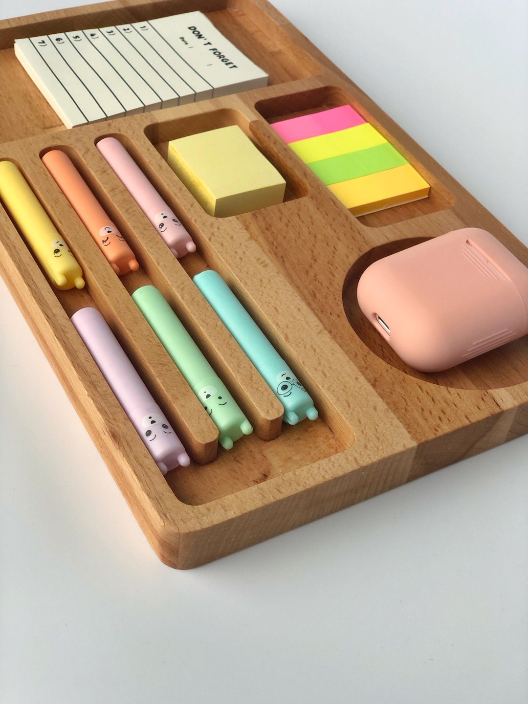 Wooden Office Desk Organizer Catch All Tray Pen Holder Sticky Note ...