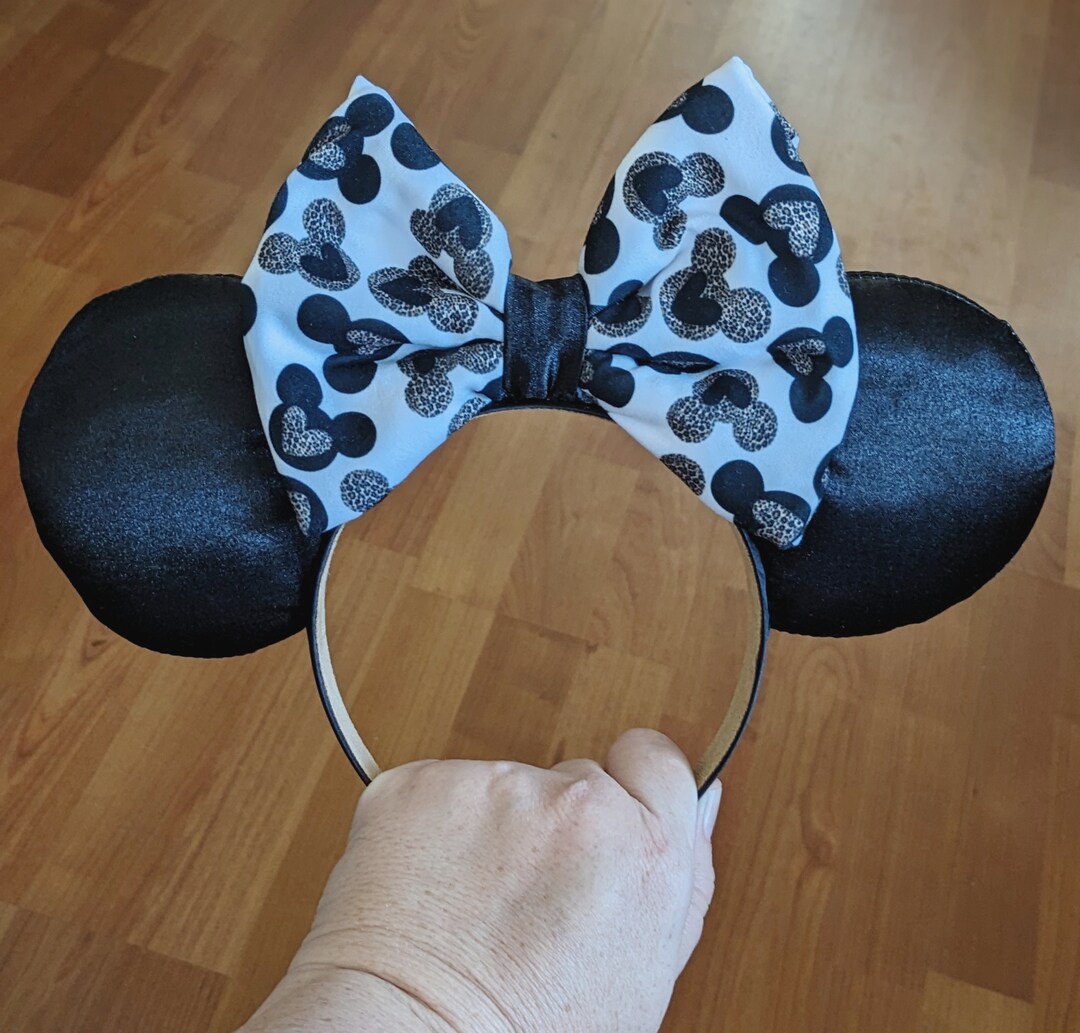 Black Satin Ears With Animal Print Bow, Animal Print Ears Headband ...